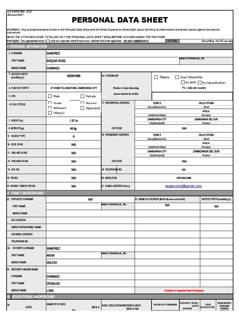Cs Form No. 212 Revised Personal Data Sheet - New | PDF | Government ...
