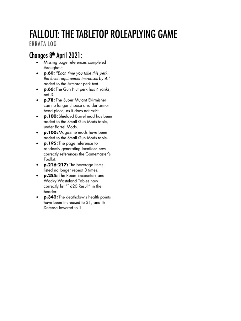 Fallout RPG Errata Log | PDF