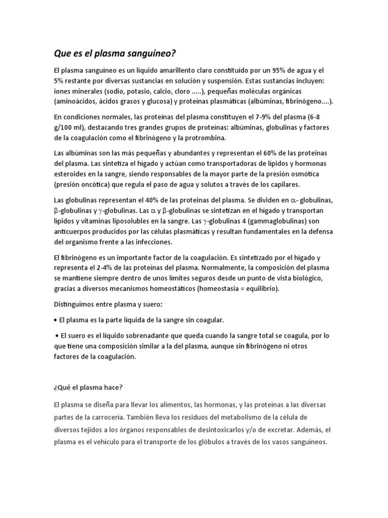 El Plasma Sanguíneo Es Un Líquido Amarillento Claro Constituído Por Un ...