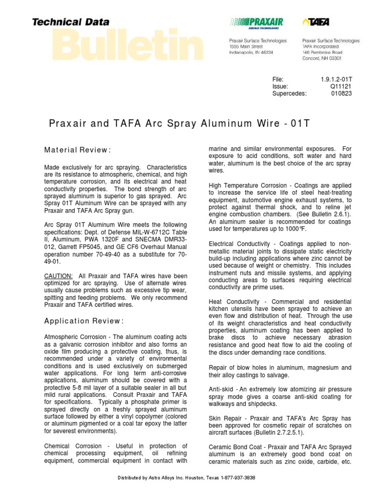 Tafa Arc Spray Wire 1.9.1.2-01T - Aluminum Wire 01T | PDF | Corrosion ...