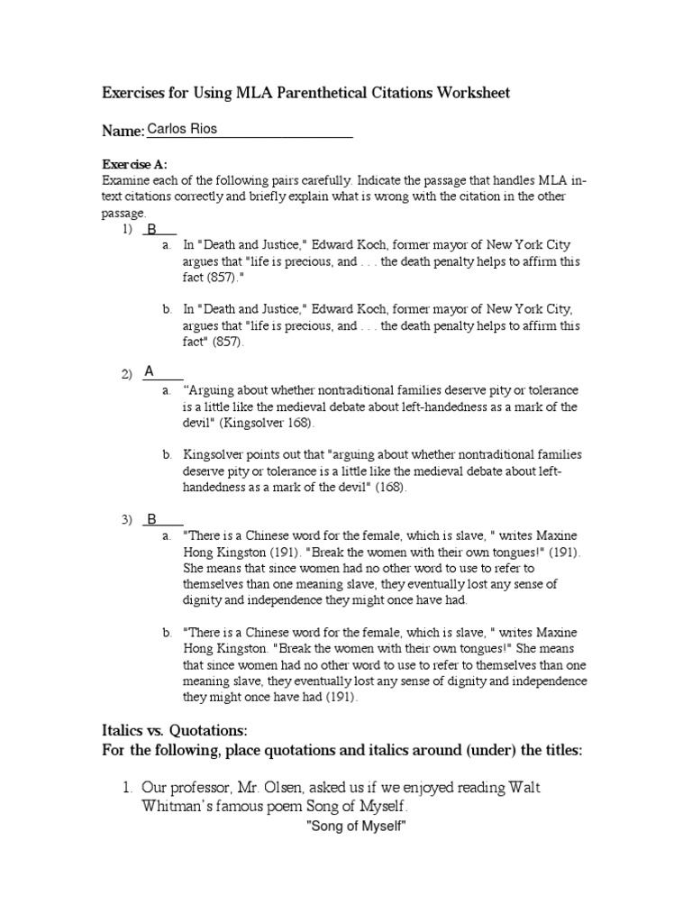 Exercises For Using MLA Parenthetical Citations Worksheet Name | PDF
