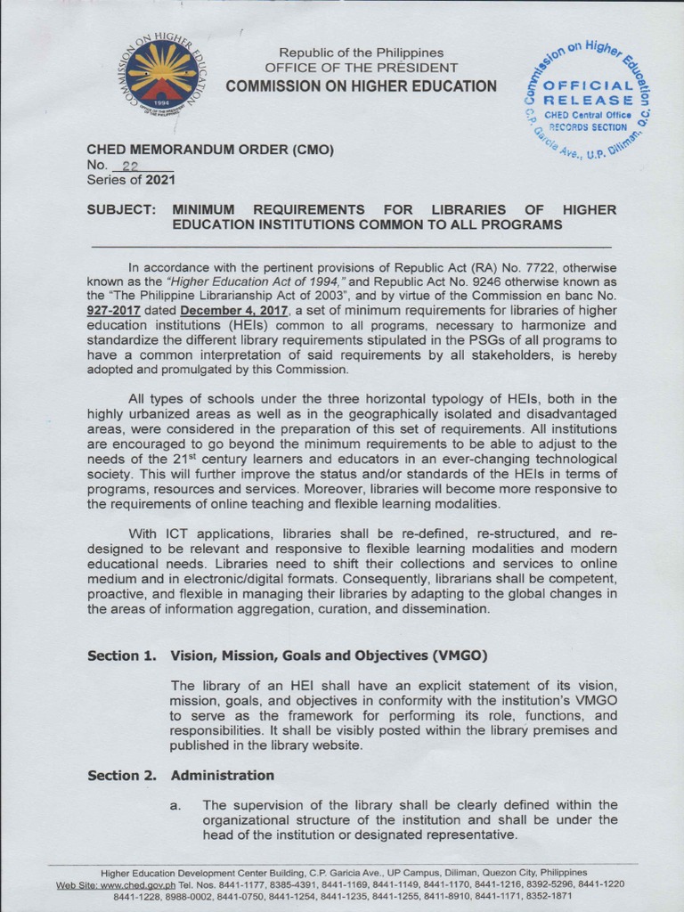 CMO No. 22 S. 2021 - Requirements For Library of HEIs Common To All ...