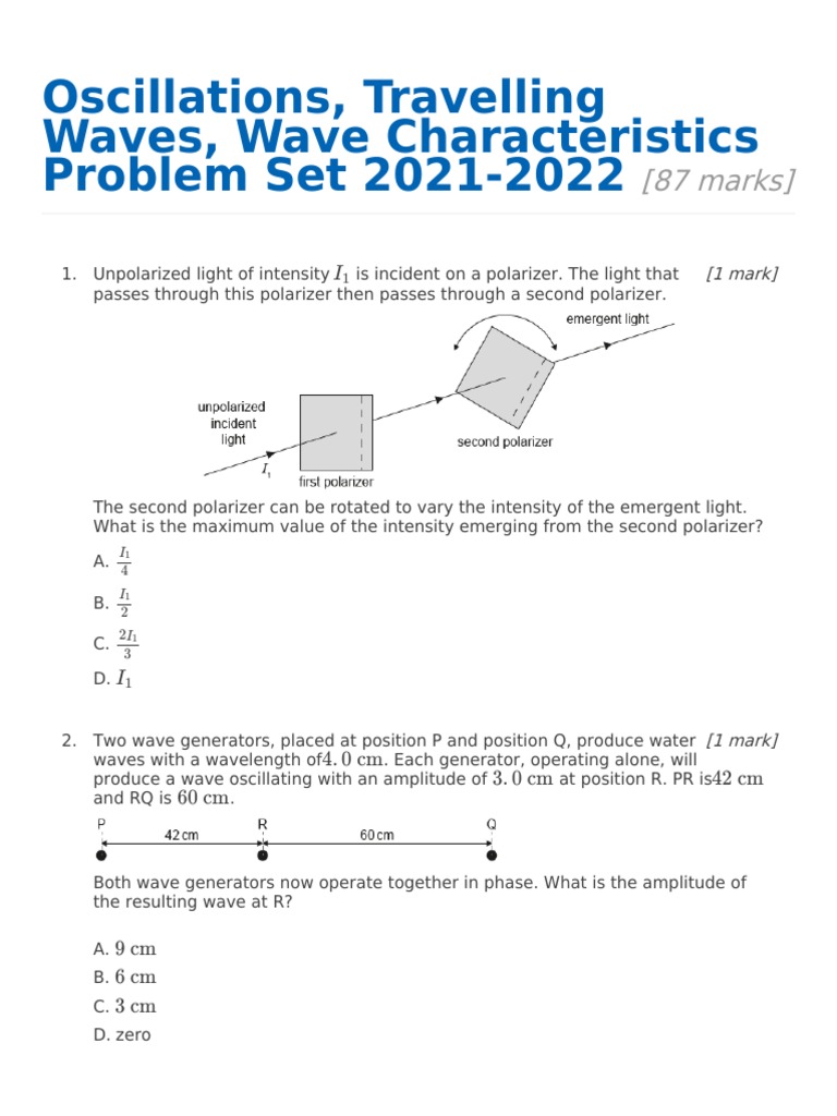 Oscillations Travelling Waves Wave Characteristics Problem Set 2021-2022 | PDF | Waves | Wavelength