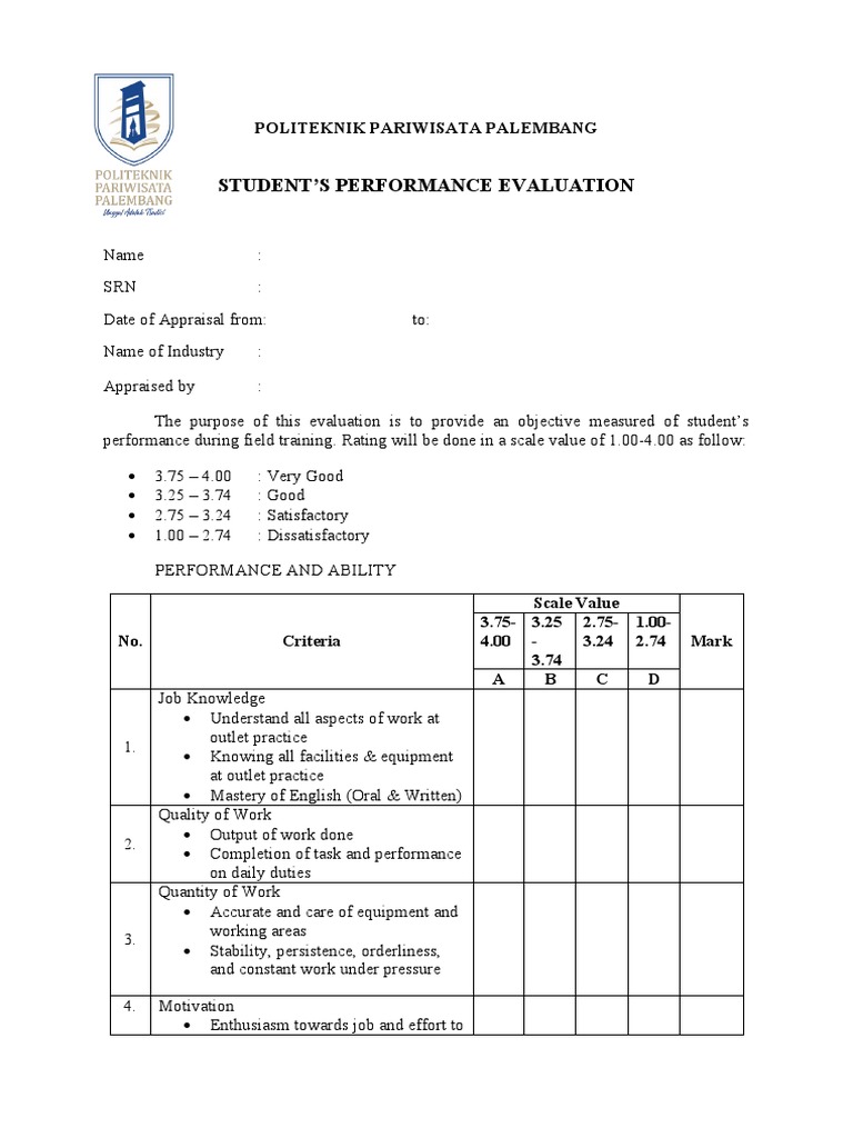 Student Performance Evaluation Form | PDF | Performance Appraisal ...