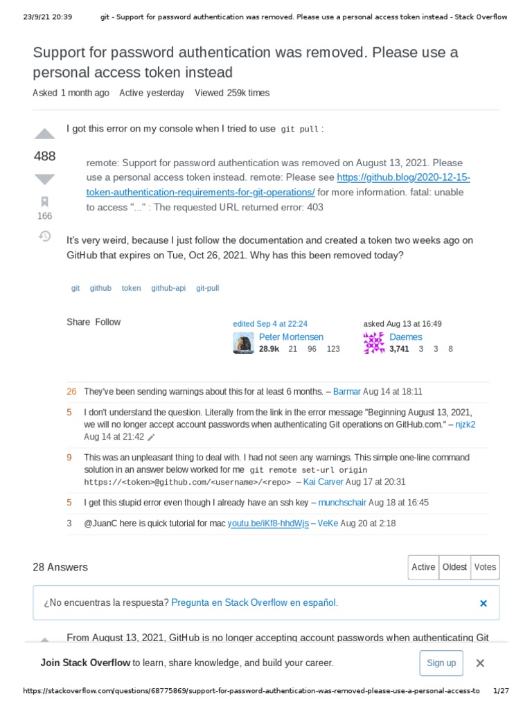 Git - Support For Password Authentication Was Removed. Please Use A Personal Access Token ...