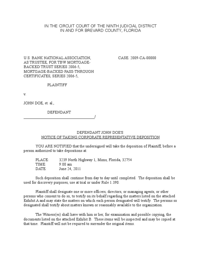 Notice of Corporate Deposition in Florida | PDF | Repurchase Agreement ...
