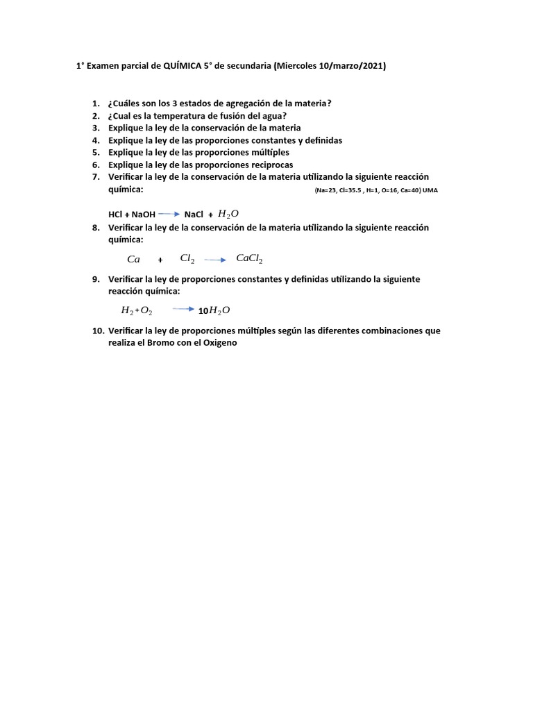 Examen QMC 5° SEC | PDF