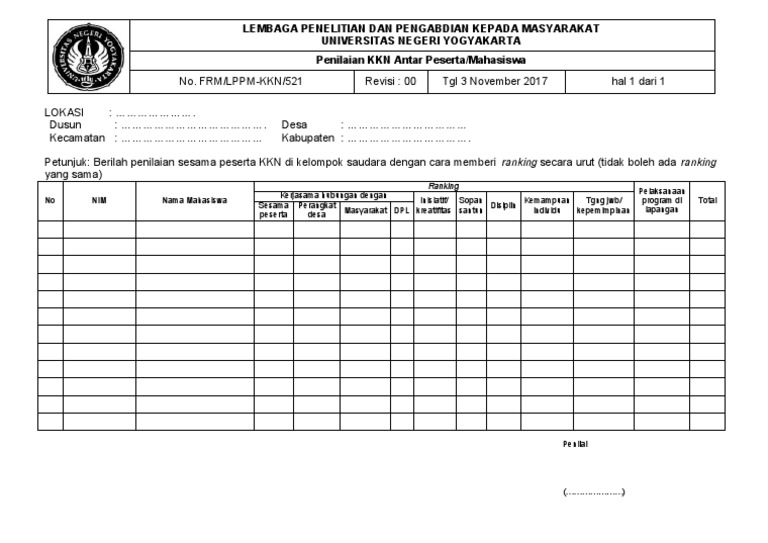 FORM PENILAIAN ANTAR PESERTA KKN 2019 (Cetak Sejumlah Anggota Kelompok ...