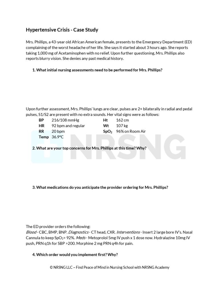 Hypertensive Crisis - Case Study: Blood Diagnostics Interventions Meds ...