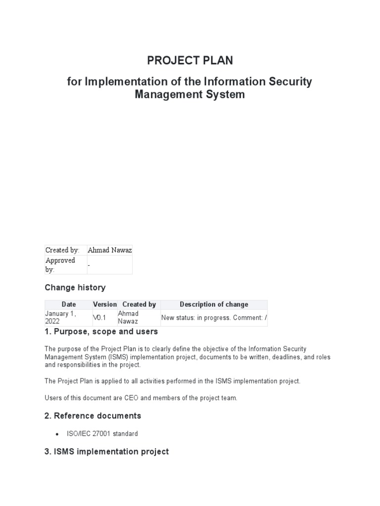 Project Plan For Implementation of The Information Security Management ...