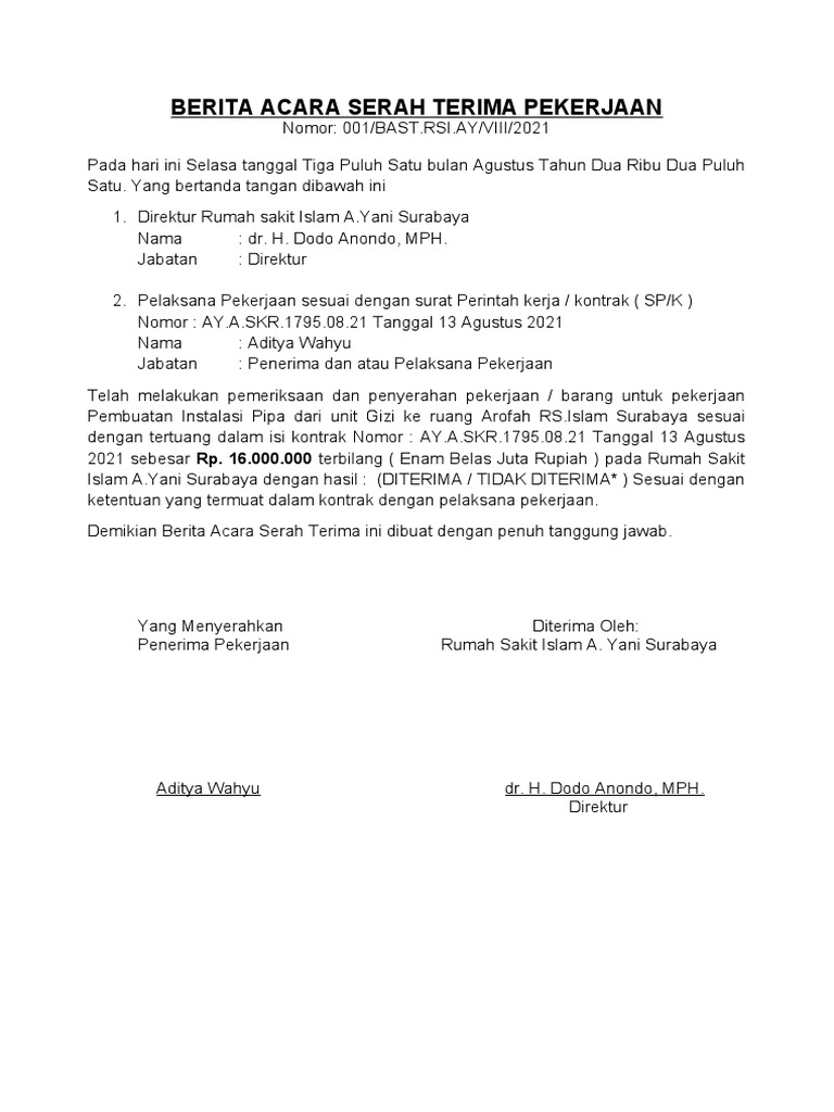 Berita Acara Serah Terima Pekerjaan | PDF