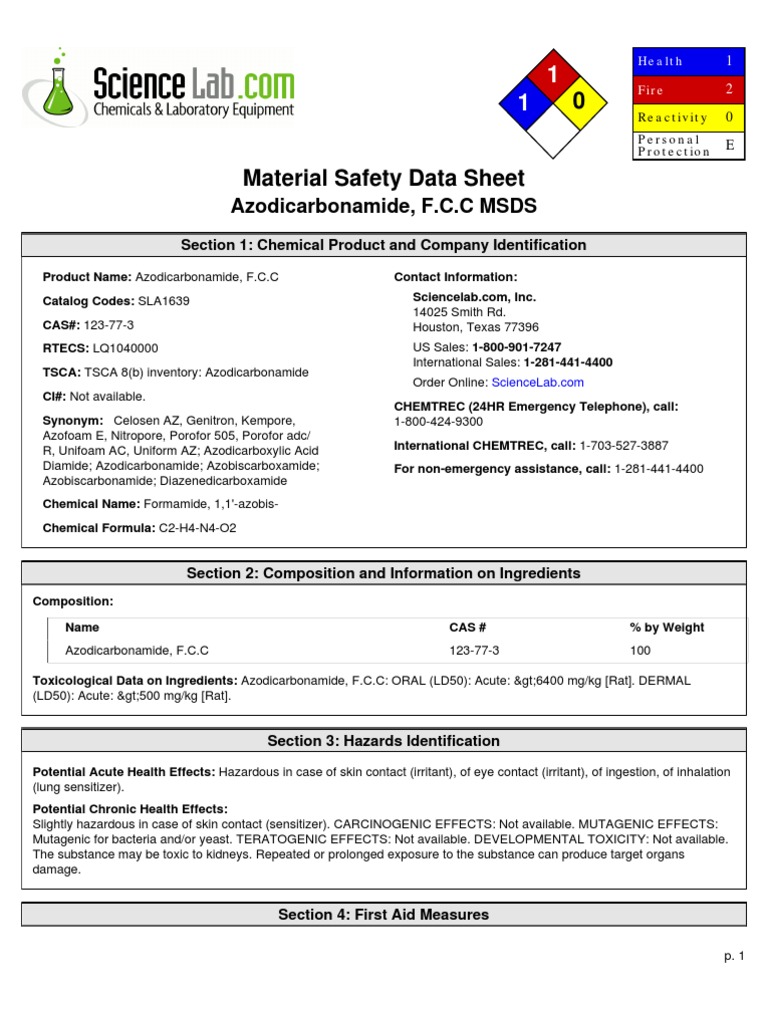 Azodicarbonamide, F.C.C MSDS: Section 1: Chemical Product and Company ...