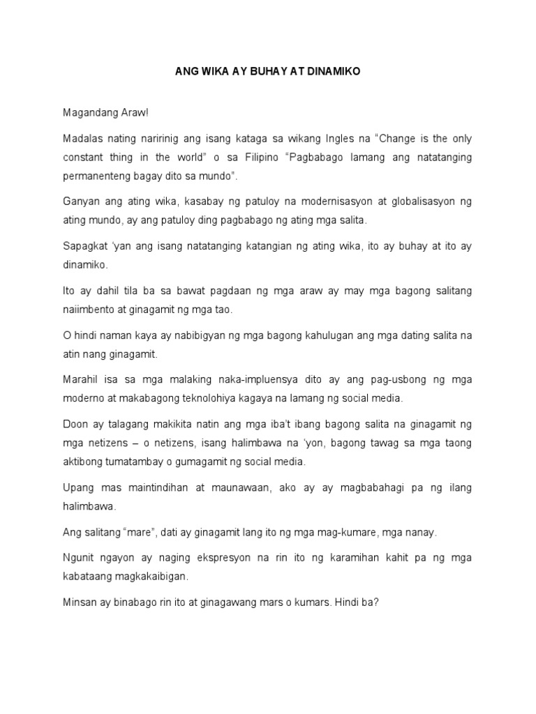 Ang Wika Ay Buhay at Dinamiko | PDF