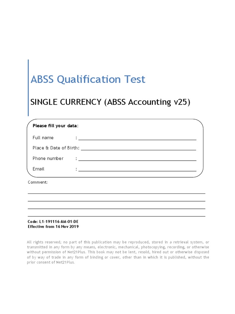 ABSS Qualification Test: SINGLE CURRENCY (ABSS Accounting v25 ...