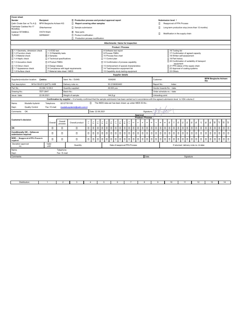 VDA Cover Sheet for PPA Submission | PDF | Systems Engineering ...