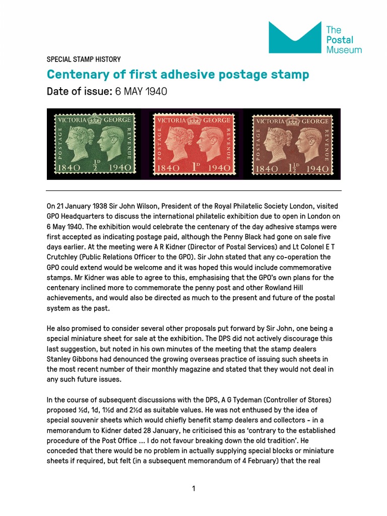 Centenary of Adhesive Postage Stamps | PDF | Postage Stamp | Philately