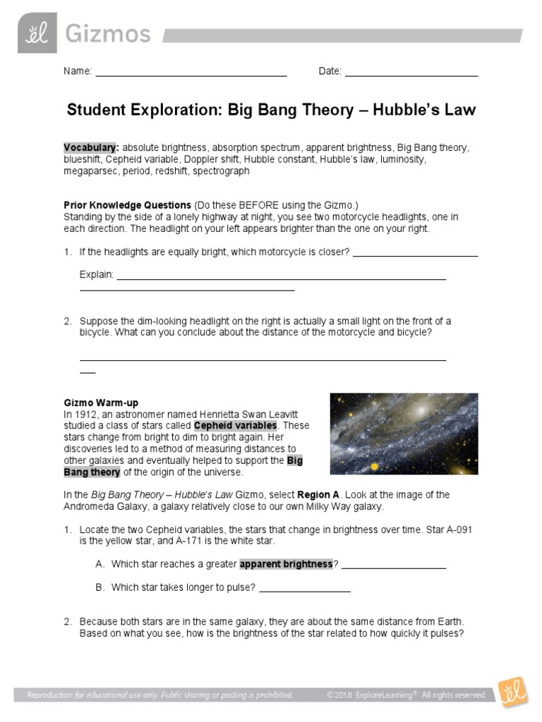 Student Exploration: Big Bang Theory - Hubble's Law | PDF | Redshift ...