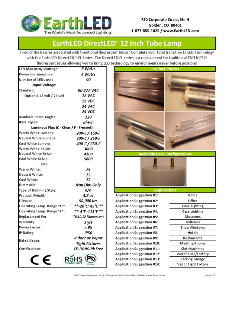 EarthLED DirectLED™ 12 Inch Tube Lamp | PDF | Fluorescent Lamp | Lighting