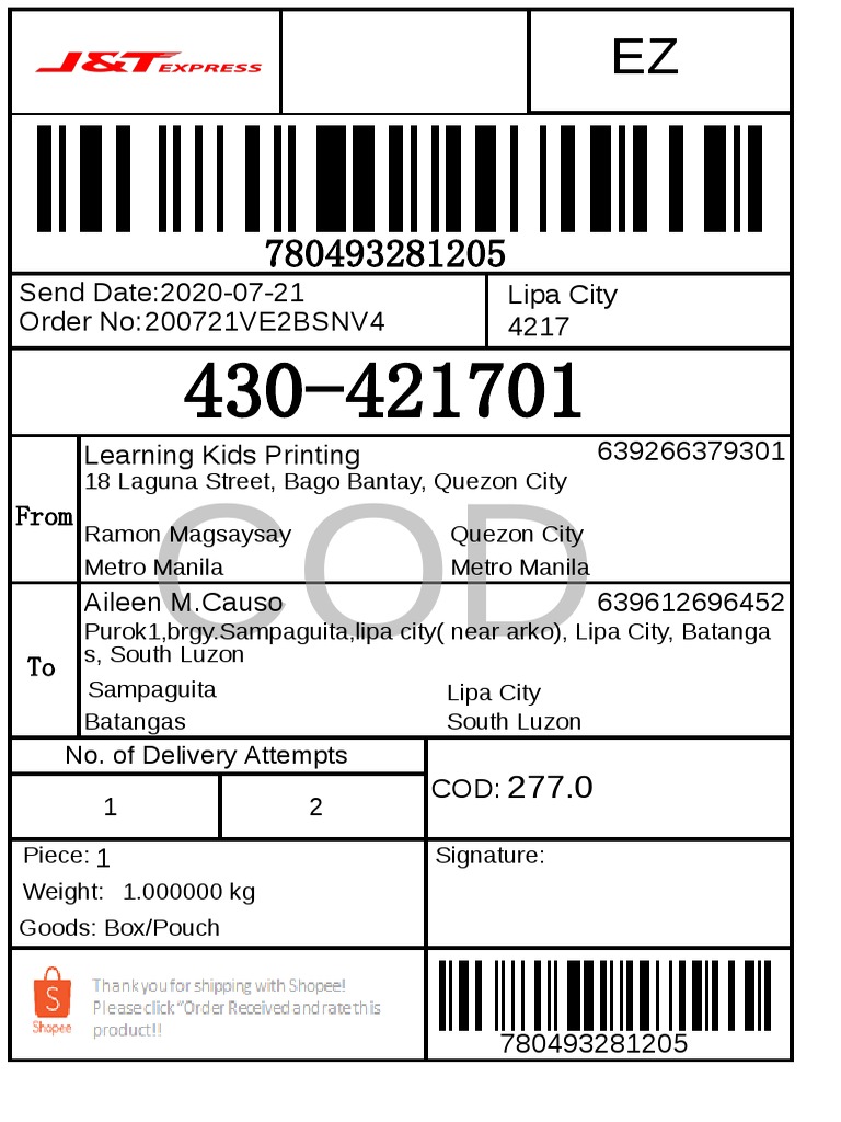 Shipping - label.J&T Express-5 | PDF | Metro Manila | Luzon