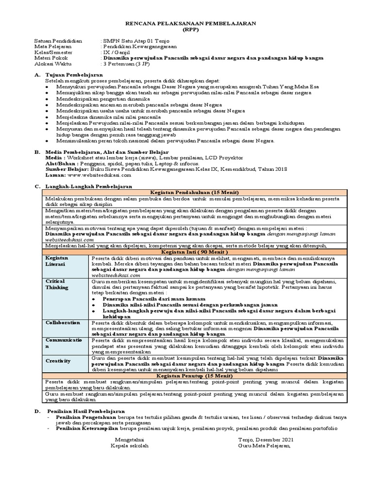 RPP PKN Kelas 9 k13 | PDF | Karier & Perkembangan