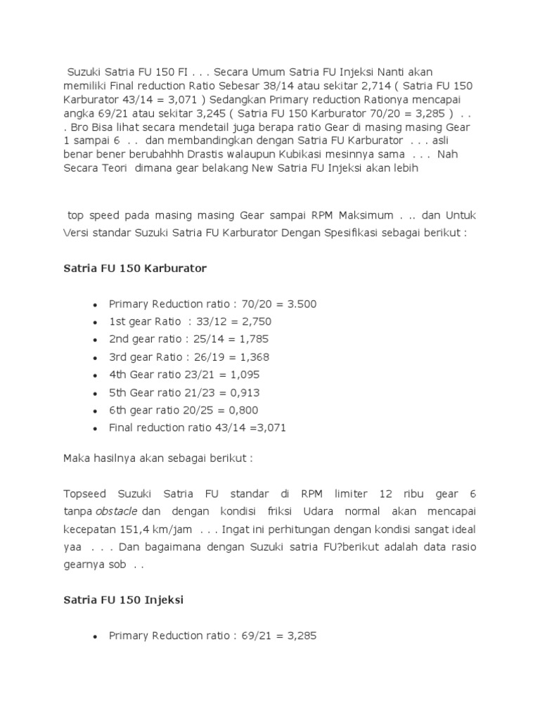 Perhitungan Analisis Trasmisi Suzuki Satria FU 150 FI | PDF