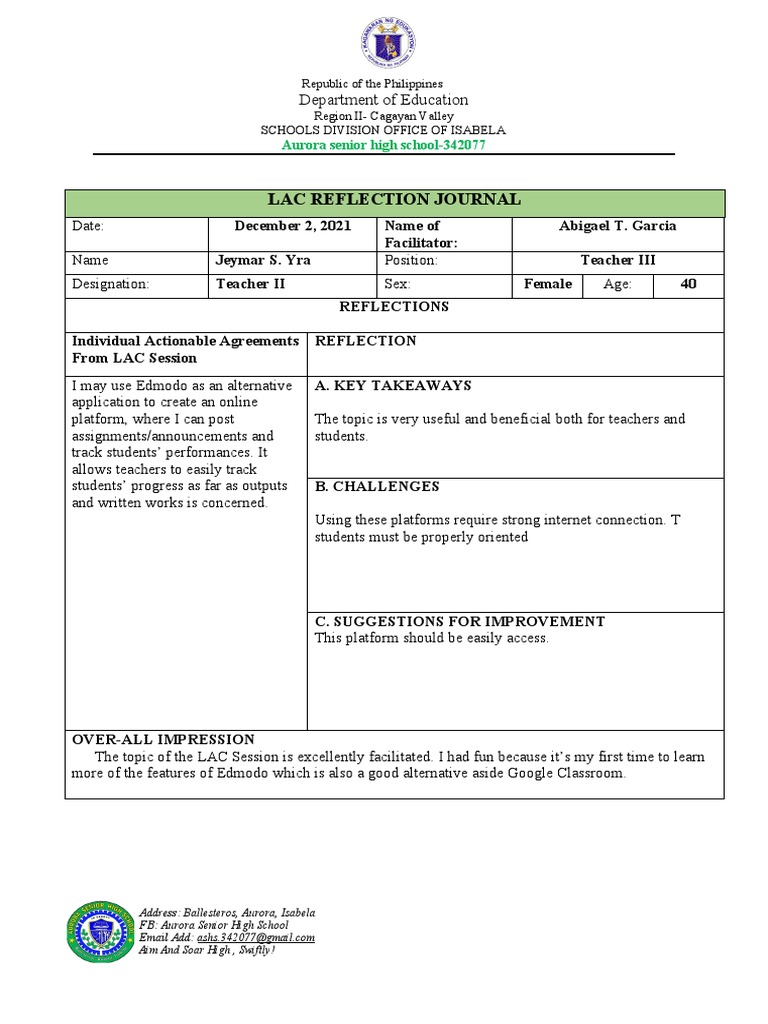 LAC REFLECTION JOURNAL Sample | PDF | Cognition | Behavior Modification