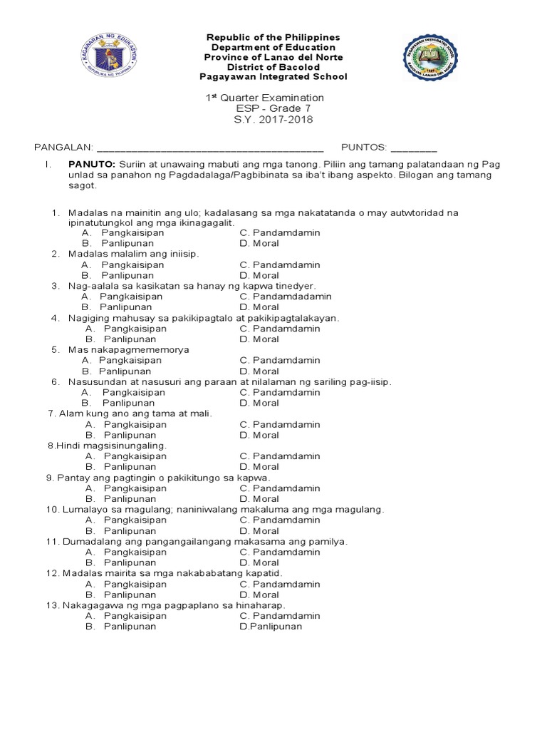 1st QE Grade 7 ESP | PDF