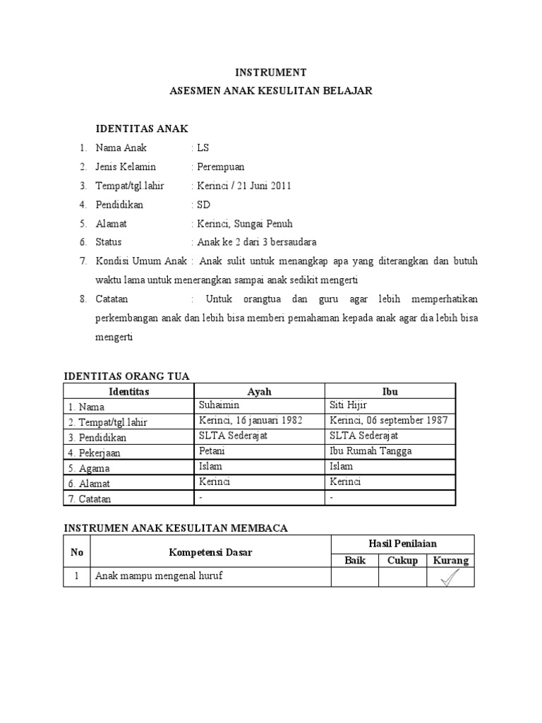 Instrumen Asesmen Anak Berkesulitan Belajar | PDF