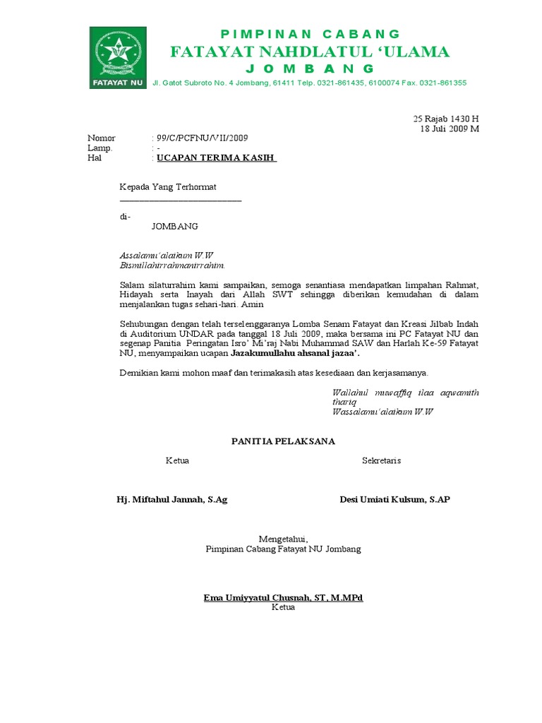 Contoh Surat Ucapan Terima Kasih | PDF