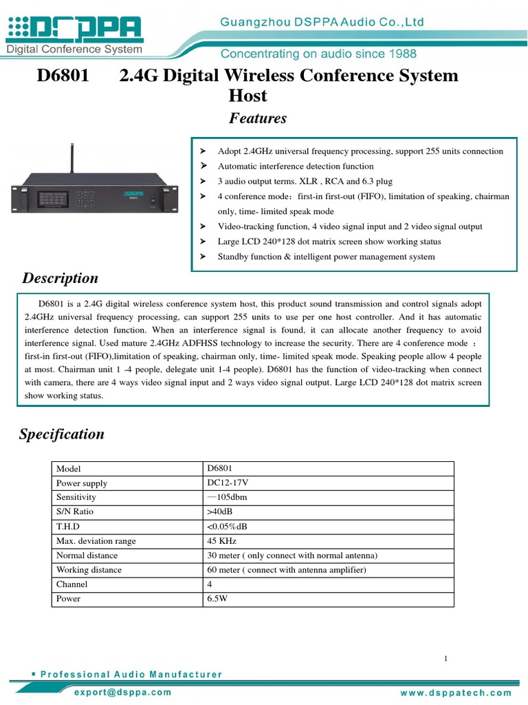 D6801 2.4G Digital Wireless Conference System Host: Features | PDF ...