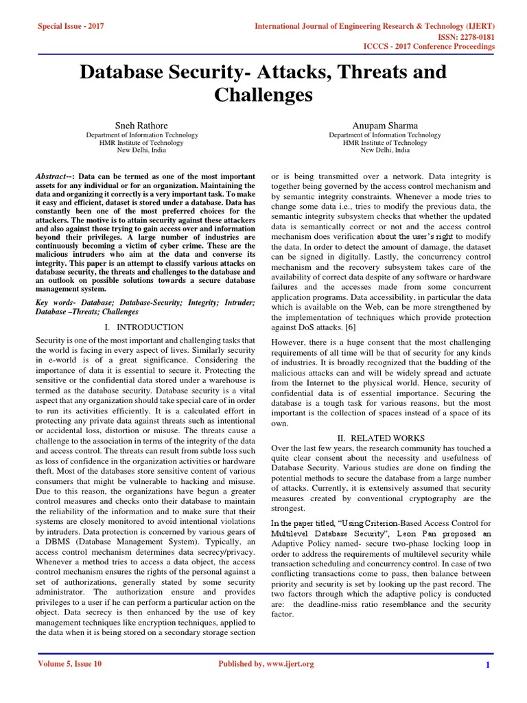 Database Security Attacks Threats and Challenges IJERTCONV5IS10008 | PDF | Databases | Encryption