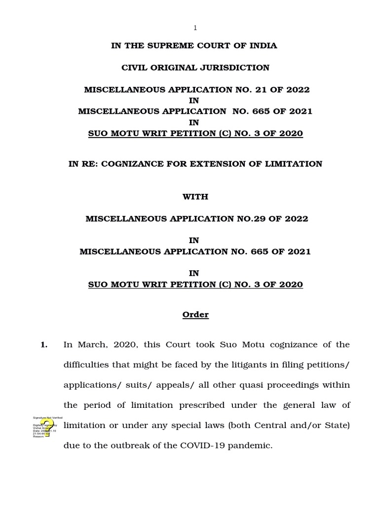 Limitation Order | PDF | Lawsuit | Supreme Court Of India