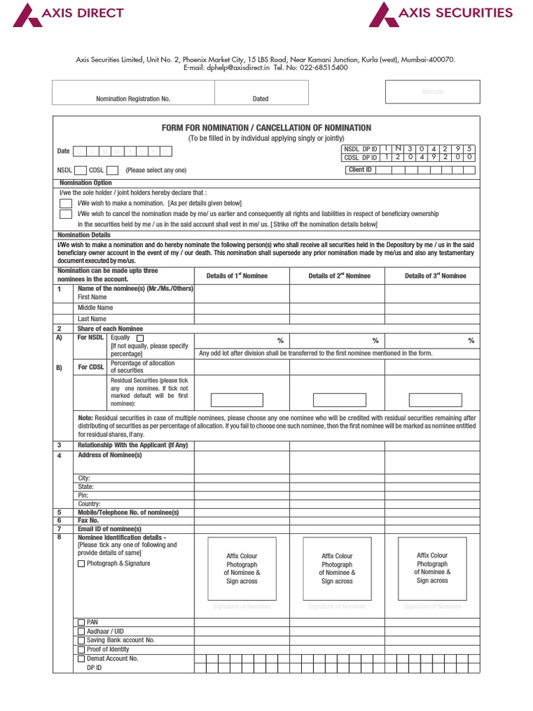 Multiple Nomination Form | PDF | Securities (Finance) | Identity Document