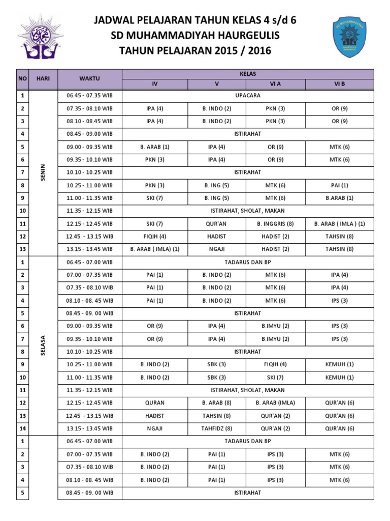 Jadwal Pelajaran 2015 - 2016 | PDF