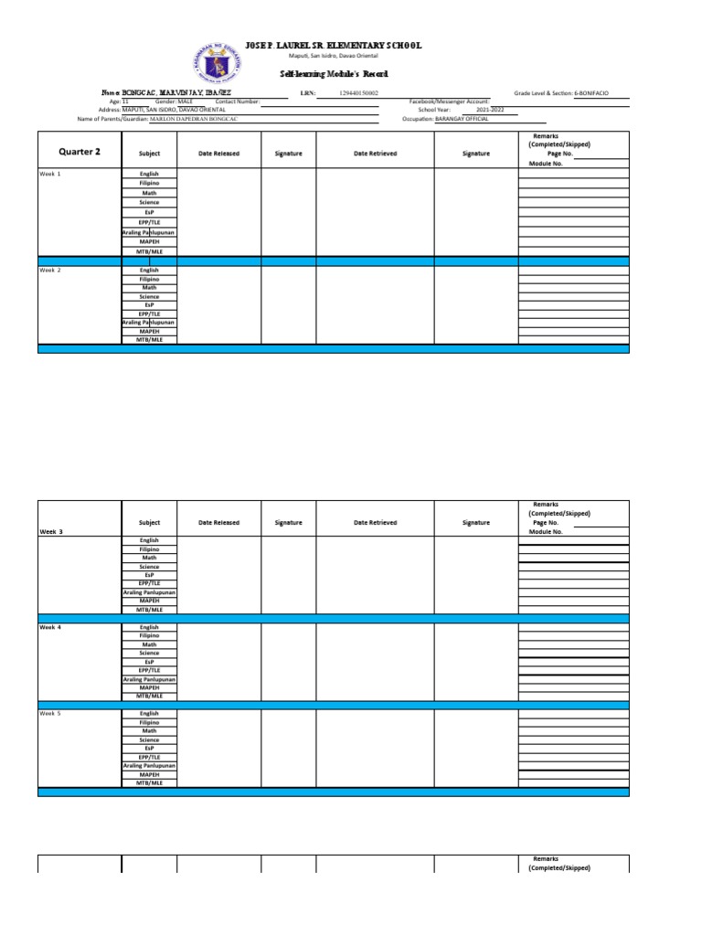 6th Grade Self-Learning Module Record | PDF