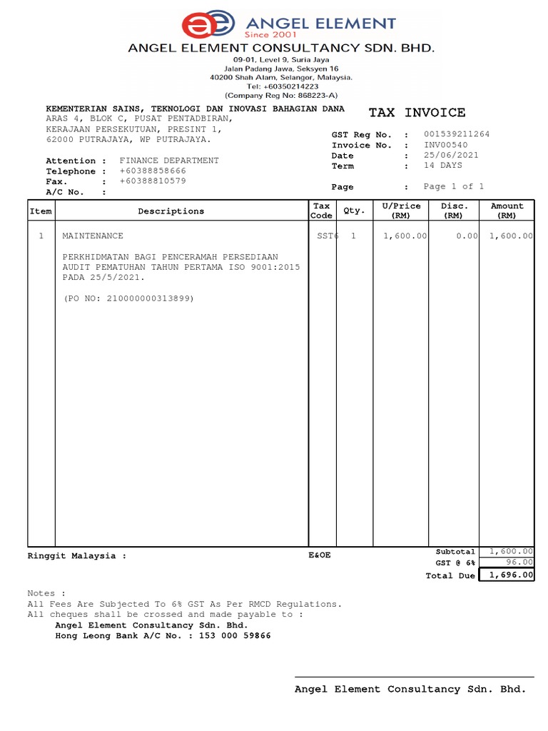 Tax Invoice: Angel Element Consultancy Sdn. BHD | PDF | Business ...