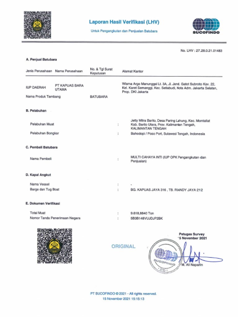 LHV - Nov - Tb. Riandy Jaya 212 - Bg. Kapuas Jaya 316 - 9618.884MT | PDF