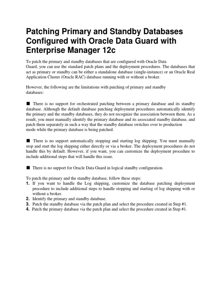 Patching Oracle Database Physical Standby With Enterprise Manager 12c Pdf Computer Science