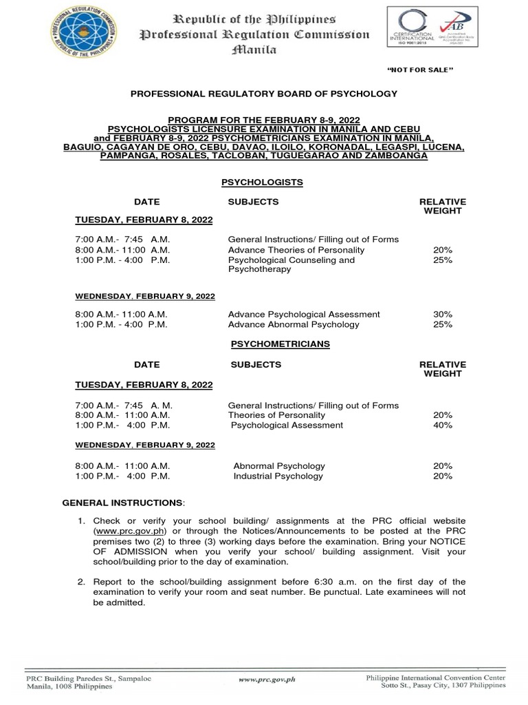 February 2022 Psychometrician and Psychology Board Exam Program | PDF ...