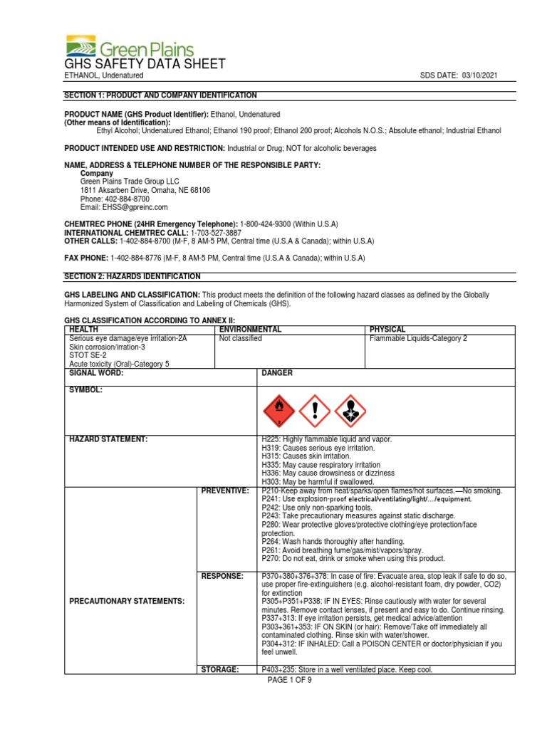 Ethanol GHS Safety Data Sheet | PDF | Chlorine | Silver