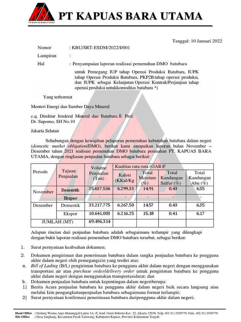 Lampiran IV - Format Surat Laporan Realisasi DMO - OK - KOP | PDF