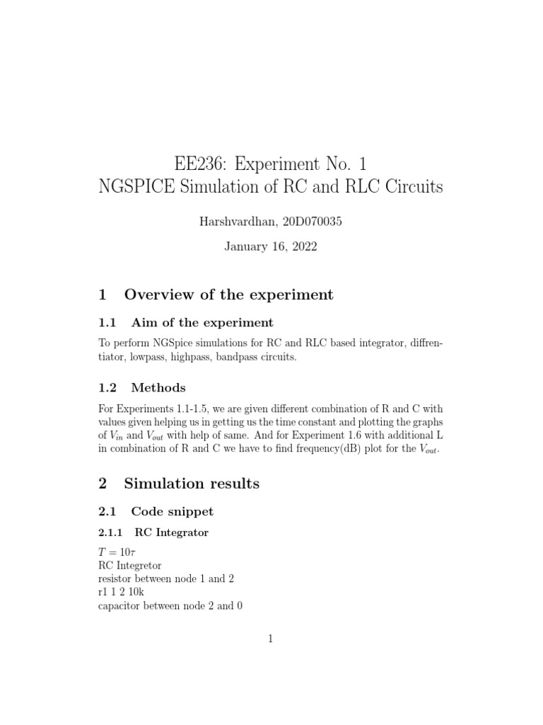EE236: Experiment No. 1 NGSPICE Simulation of RC and RLC Circuits | PDF | Low Pass Filter ...