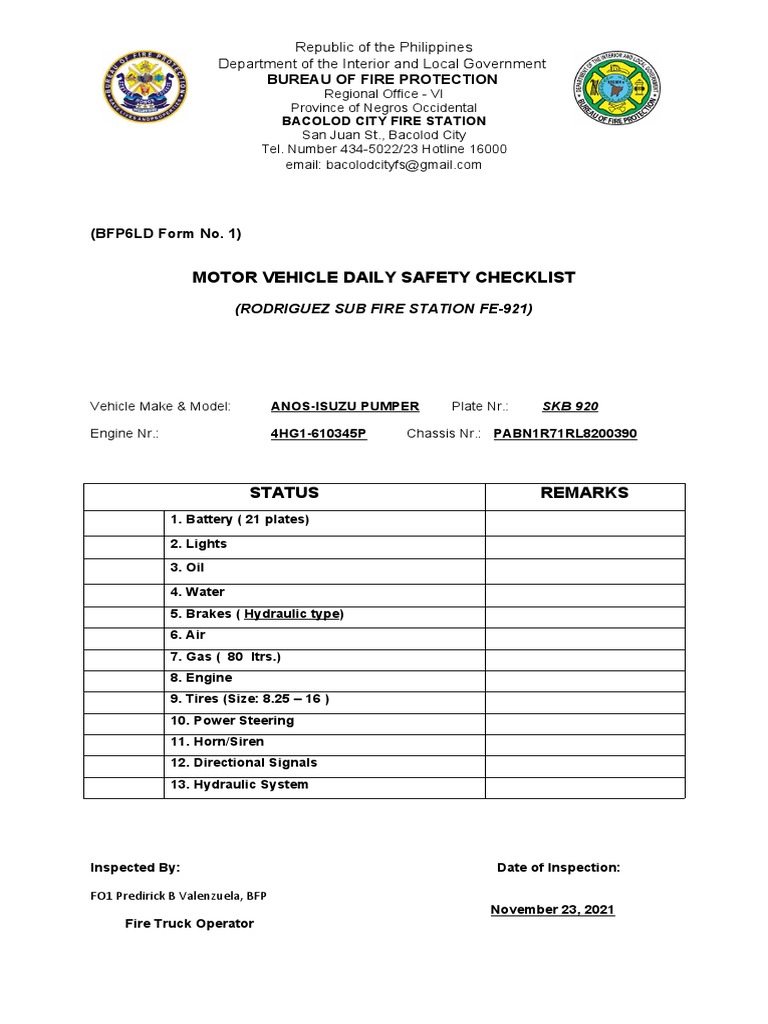 2021 Motor Vehicle Daily Safety Checklist Rsfs | PDF | Fire Engine ...