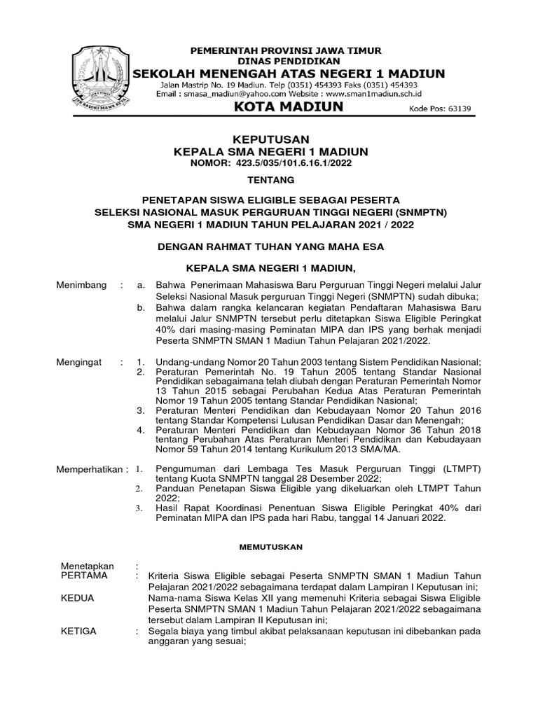 Penetapan Siswa Eligible SNMPTN 2022 | PDF