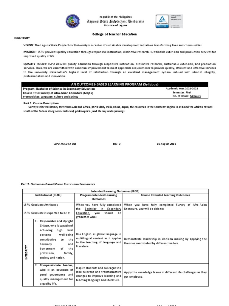 Laguna State Polytechnic University: An Outcomes-Based Learning Program (Syllabus) | PDF ...