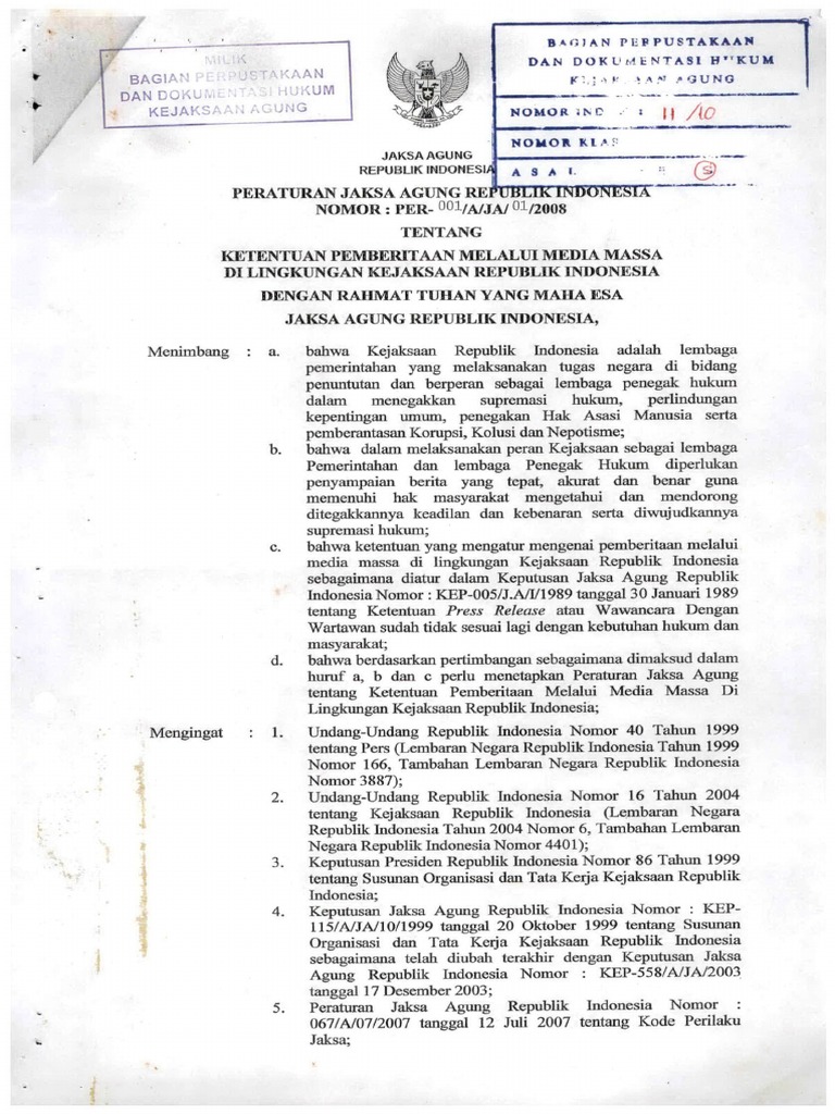 PERJA 2008 1 Ketentuan Pemberitaan Melalui Media Massa Di Lingkungan ...