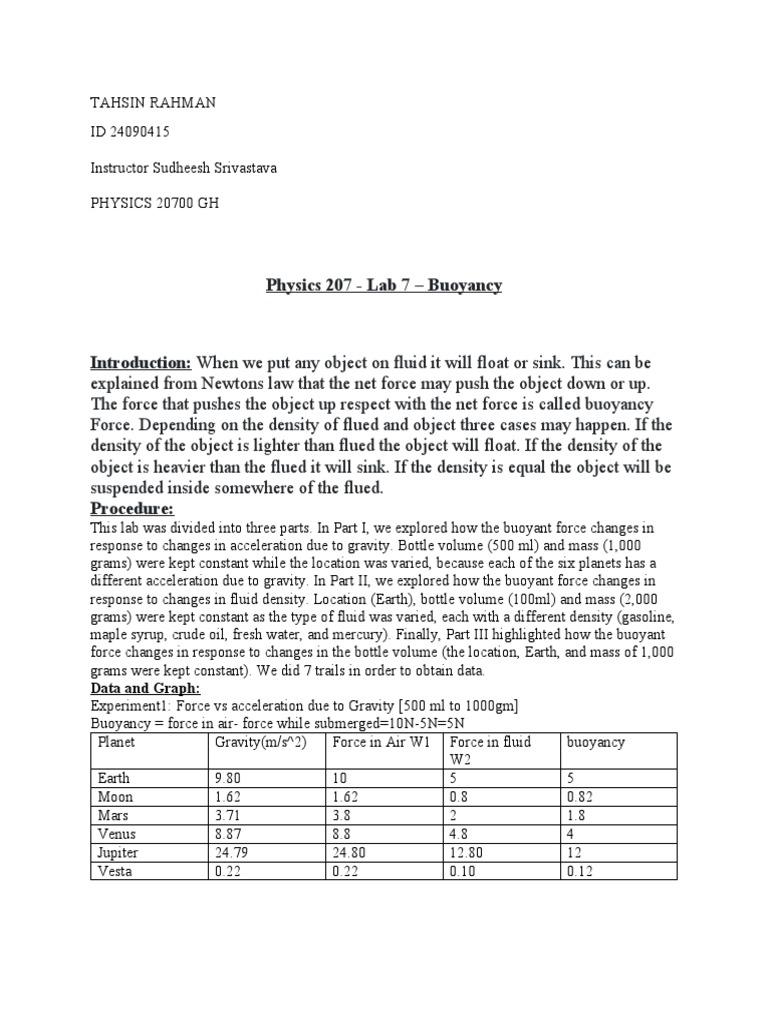 Physics 207 - Lab 7 - Buoyancy: Data and Graph | PDF | Buoyancy | Force