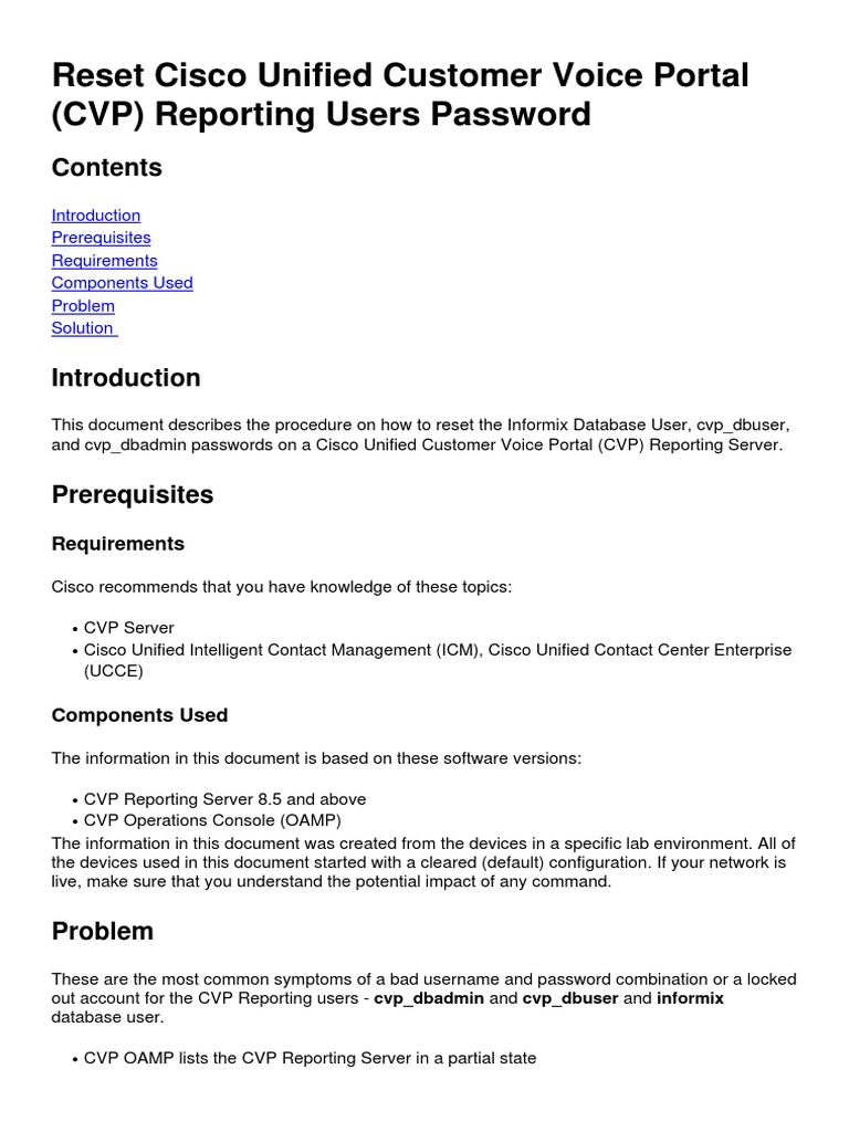 Reset Cisco Unified Customer Voice Portal (CVP) Reporting Users Password | PDF | Server ...