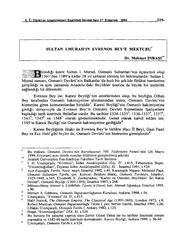 Sultan I. Murad'in Evrenos Bey'e Mektubu | PDF