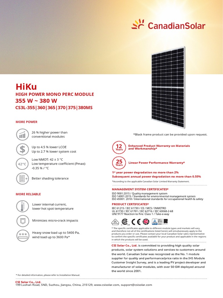Canadian Solar 380W | PDF | Solar Panel | International Organization ...